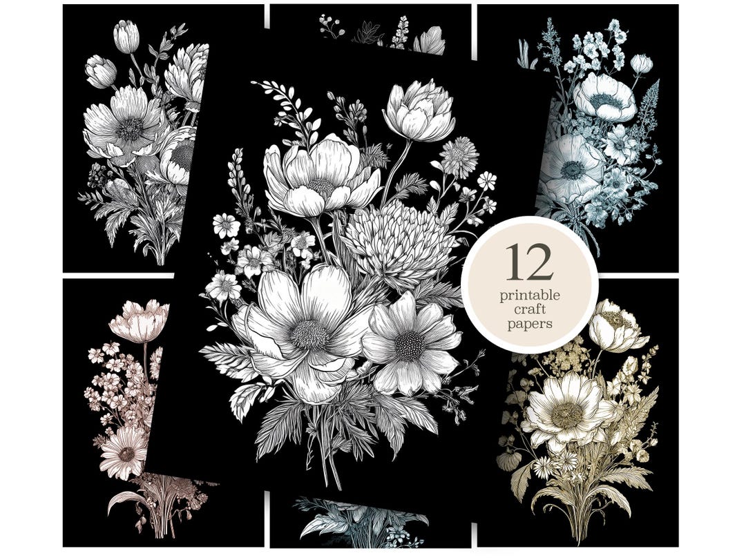 12 Printable Craft Papers, Floral Engravings, PNG Files, Digital ...