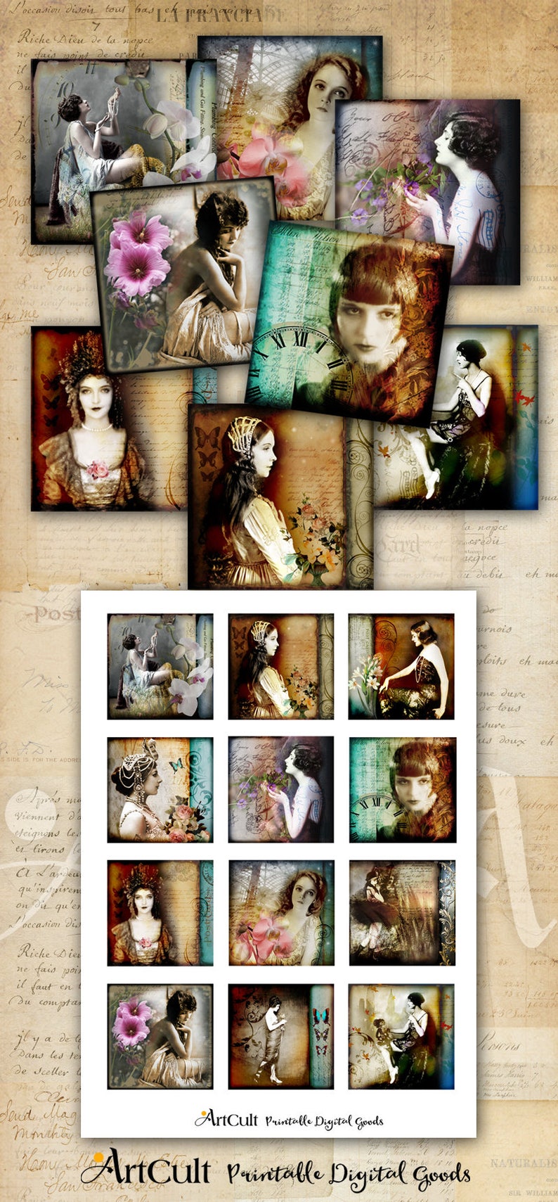 Printable 2x2 inch size images VINTAGE OBSESSION No2. Digital | Etsy