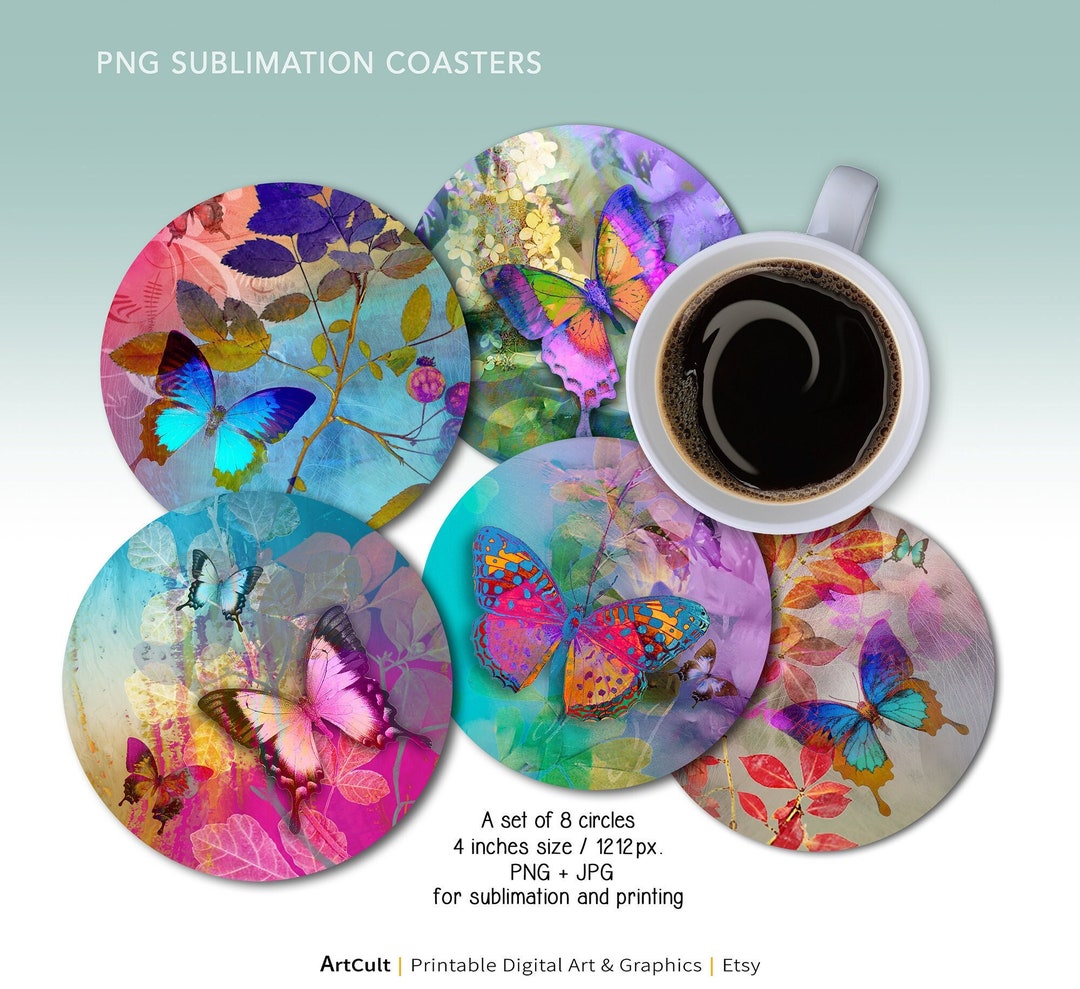 4" Printable Circle Coasters, 8 Designs, Sublimation PNG + Jpg Instant ...