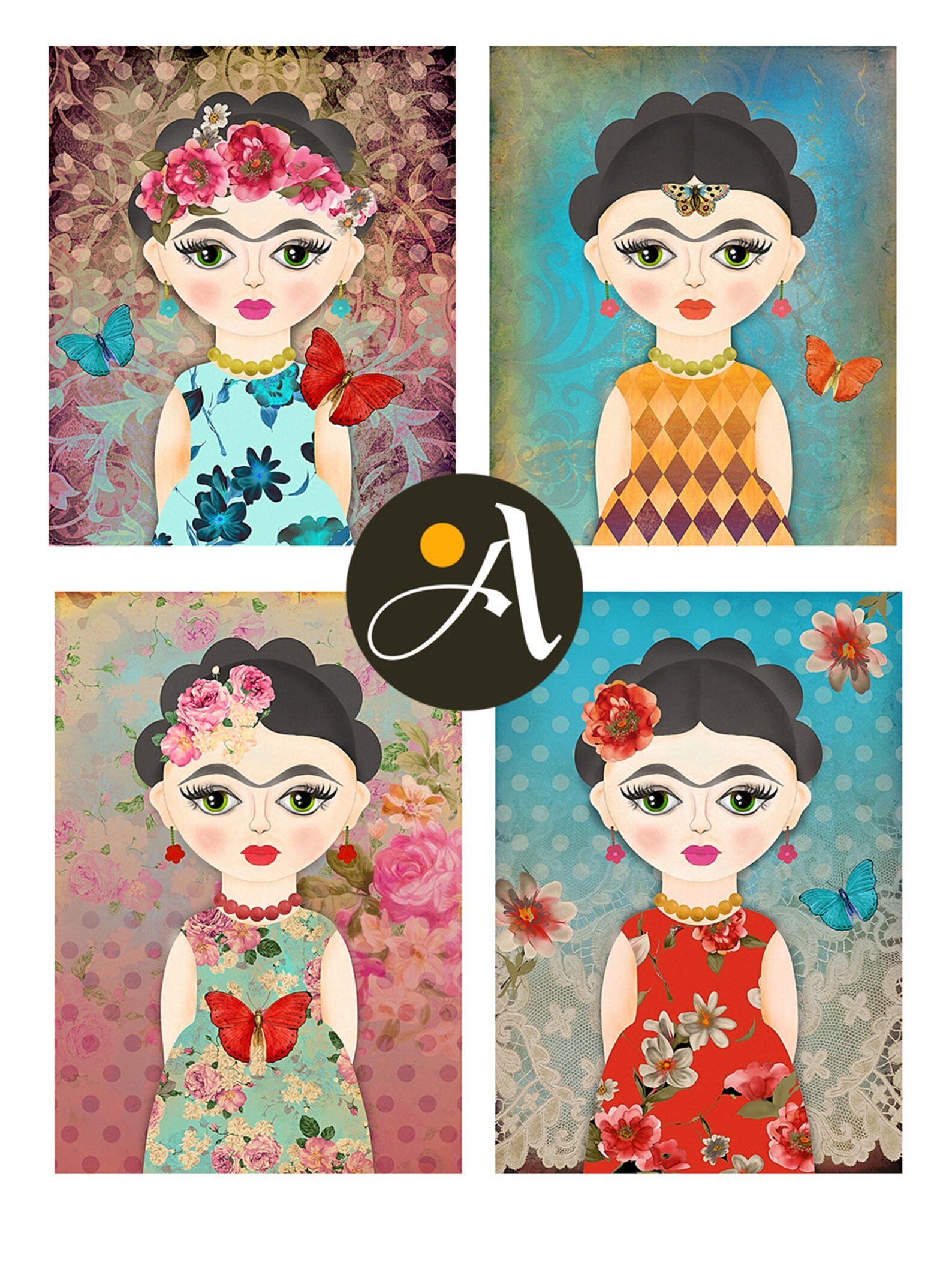 Four Printable 5x7 Inch Images LITTLE FRIDA Set 2 Instant | Etsy