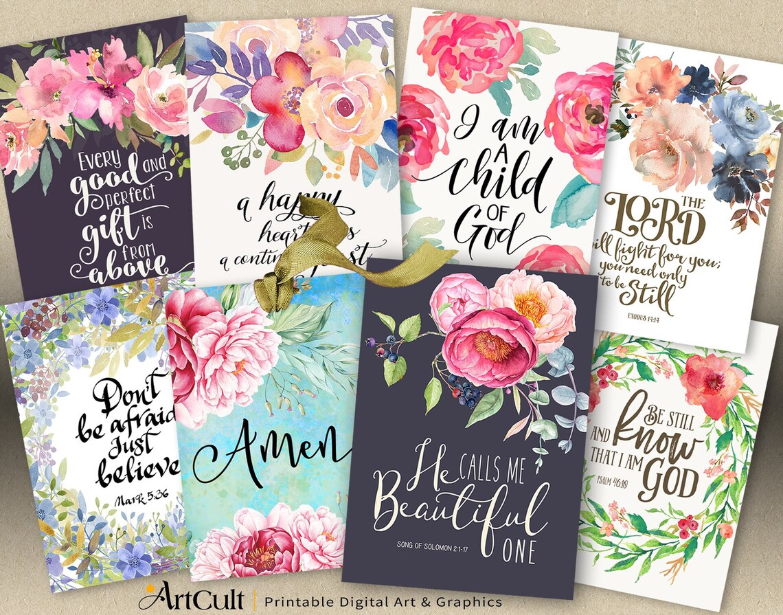 Printable BIBLE VERSES TAGS Scripture Art, Eight 2.5"x3.5" Size Cards ...