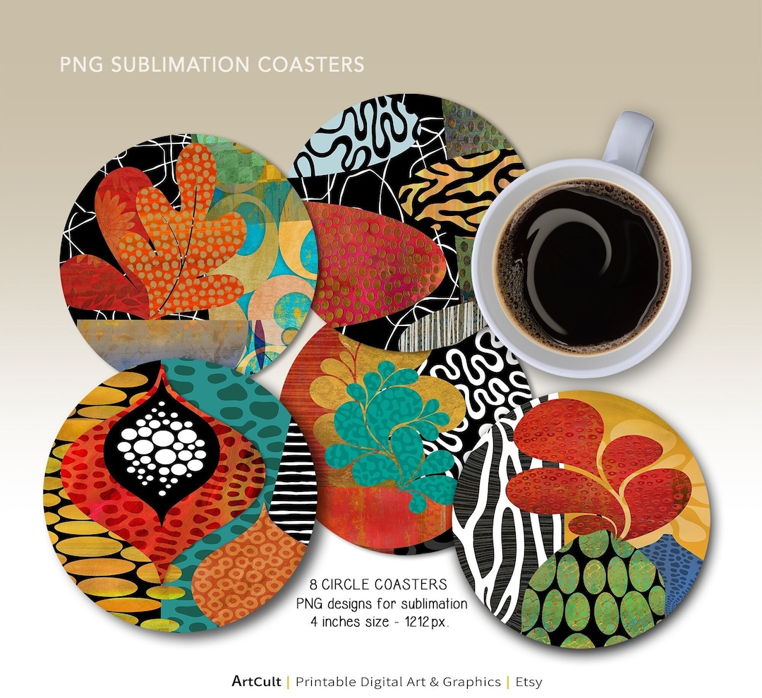 4" Printable Cup Coasters, 8 Circle Designs, Sublimation PNG + Jpg ...