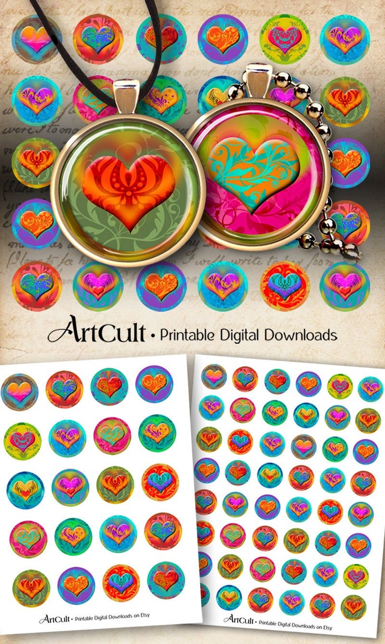 Printable 1 Inch 1.5 Inch Size Images LOVING HEART CIRCLES - Etsy