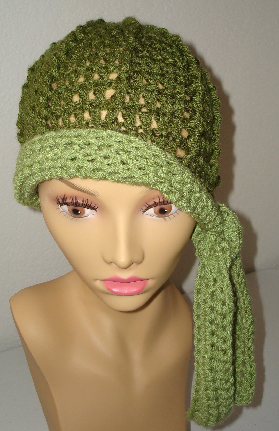 Chemo Crocheted Hat With Ties/cloche Hat/chemo Hat/olive and Lettuce ...