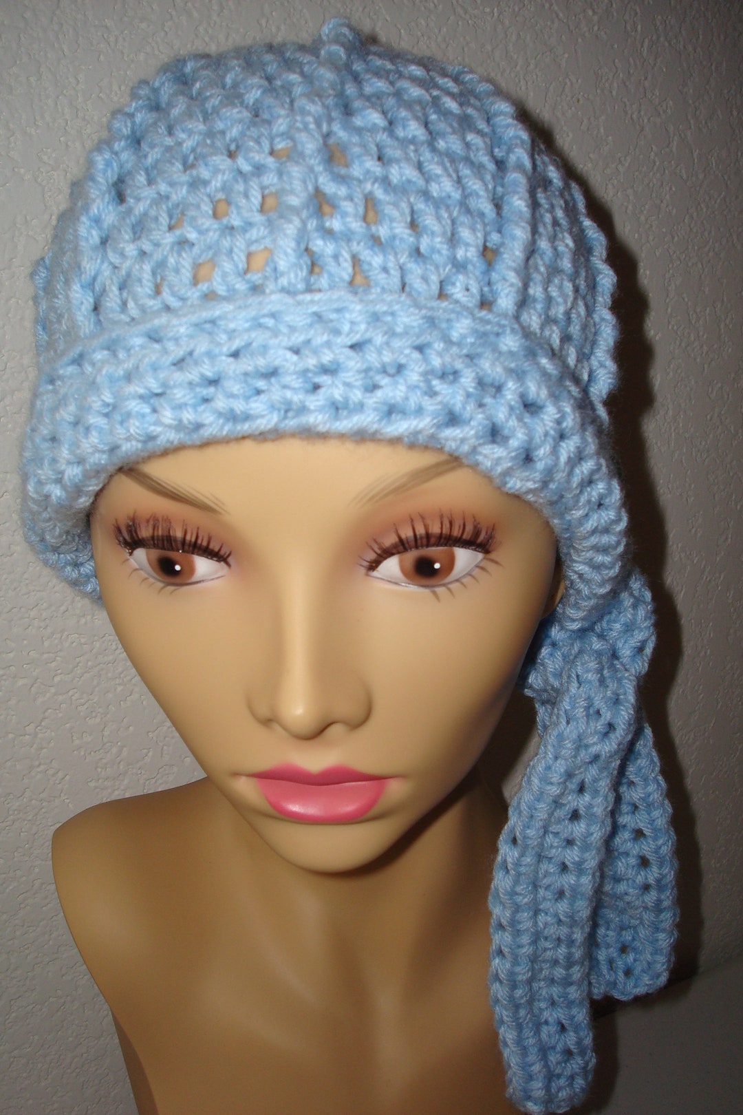 Chemo Hand Crocheted Hat With Ties/cloche Hat/chemo Hat/light Blue ...