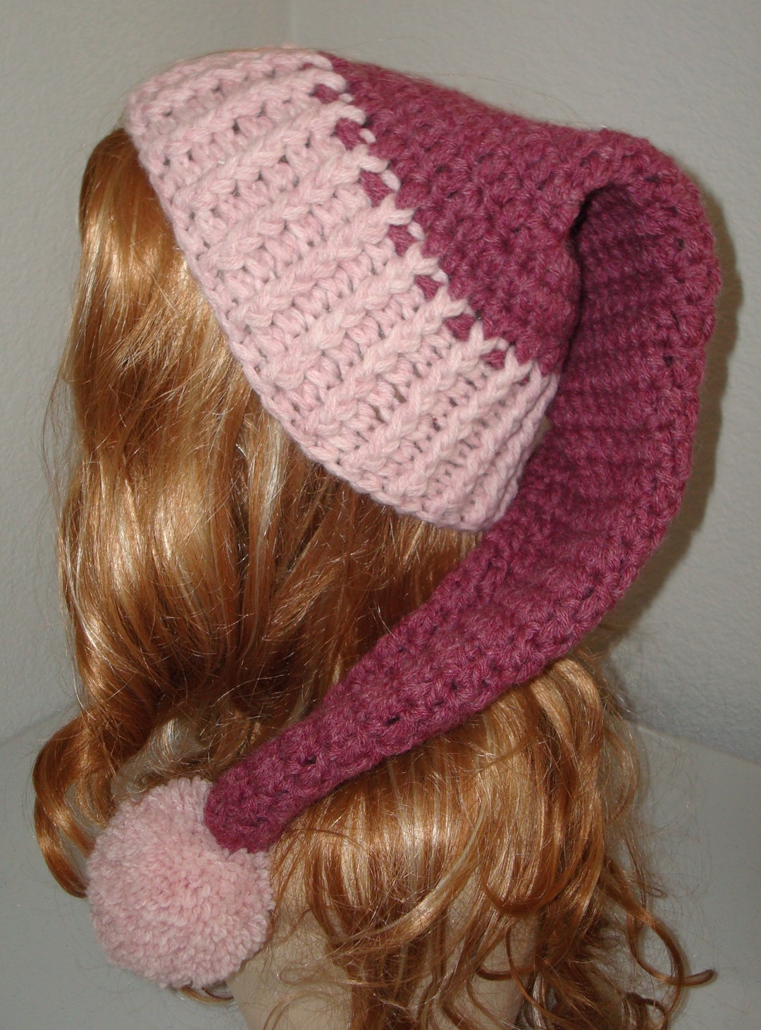 Santa Hat-stocking Cap-elf Hat Slouchy Crocheted/winter Warm/dark Rose ...