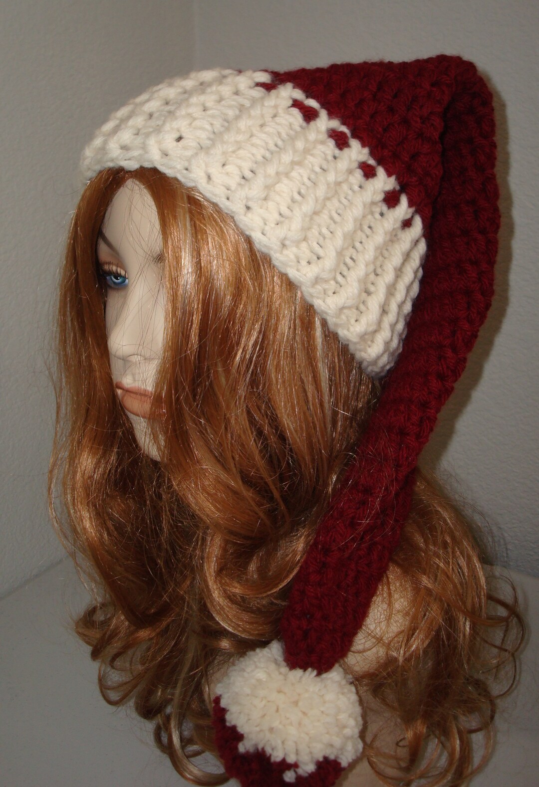 Santa Hat-stocking Cap-elf Hat Slouchy Crocheted/winter Warm/cranberry ...