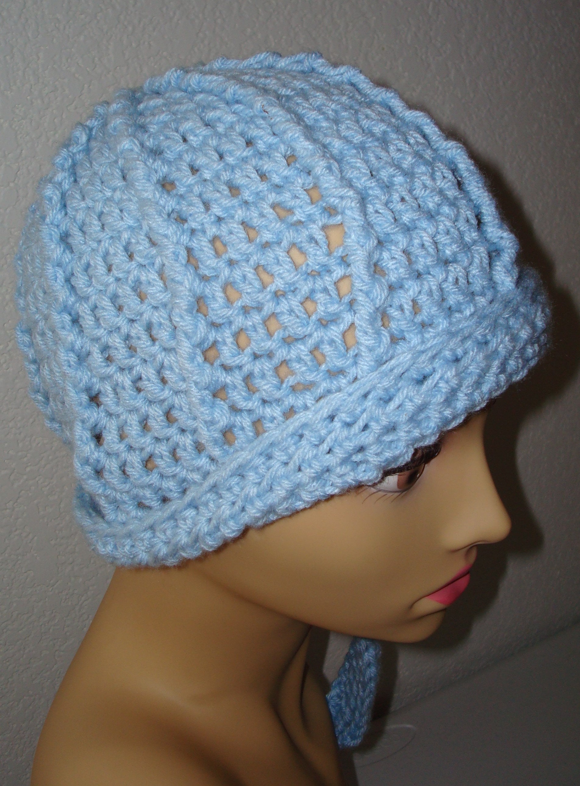 Chemo Hand Crocheted Hat With Ties/cloche Hat/chemo Hat/light Blue ...