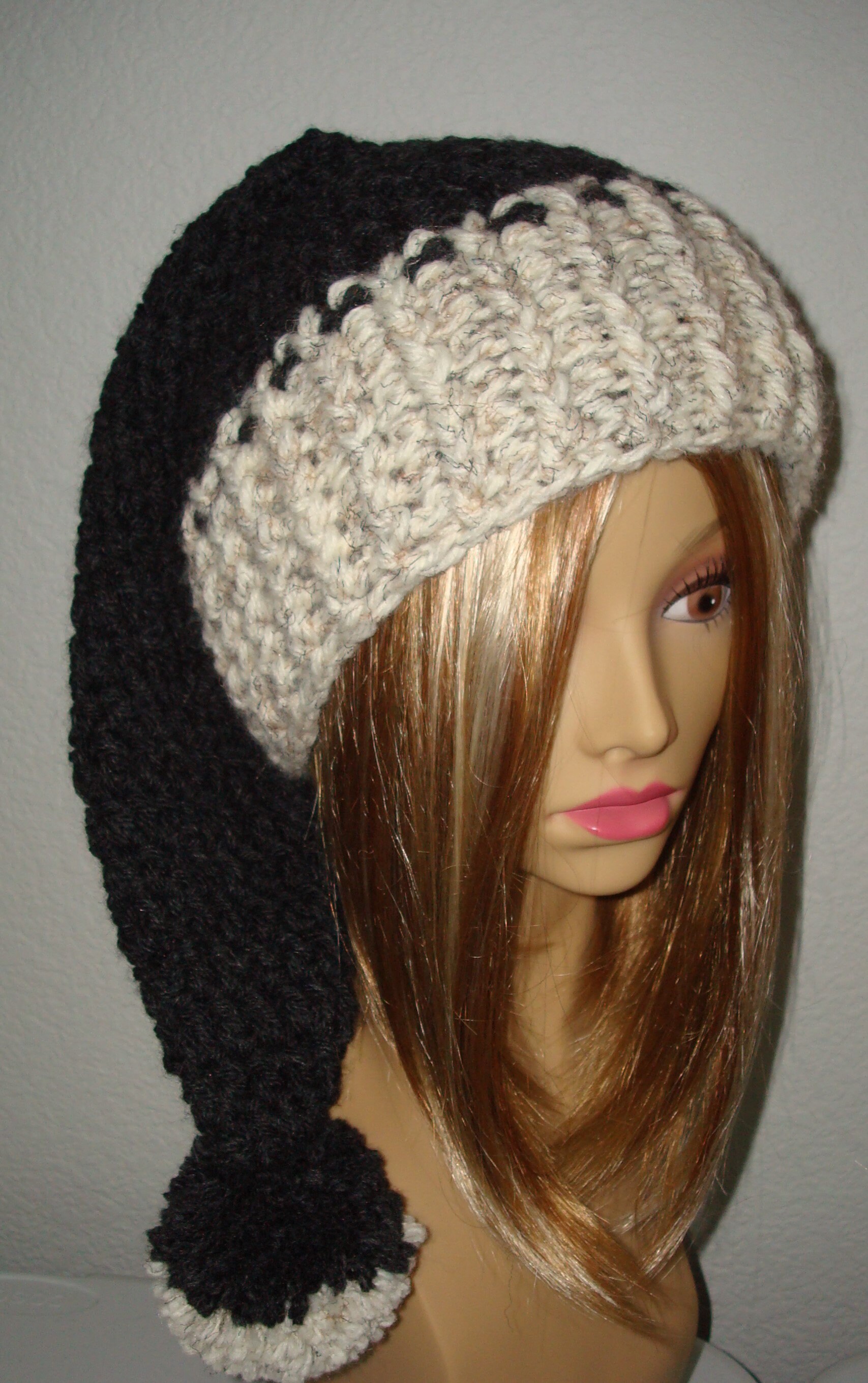 Santa Hat-stocking Cap-elf Hat Slouchy Crocheted/winter Warm/charcoal ...