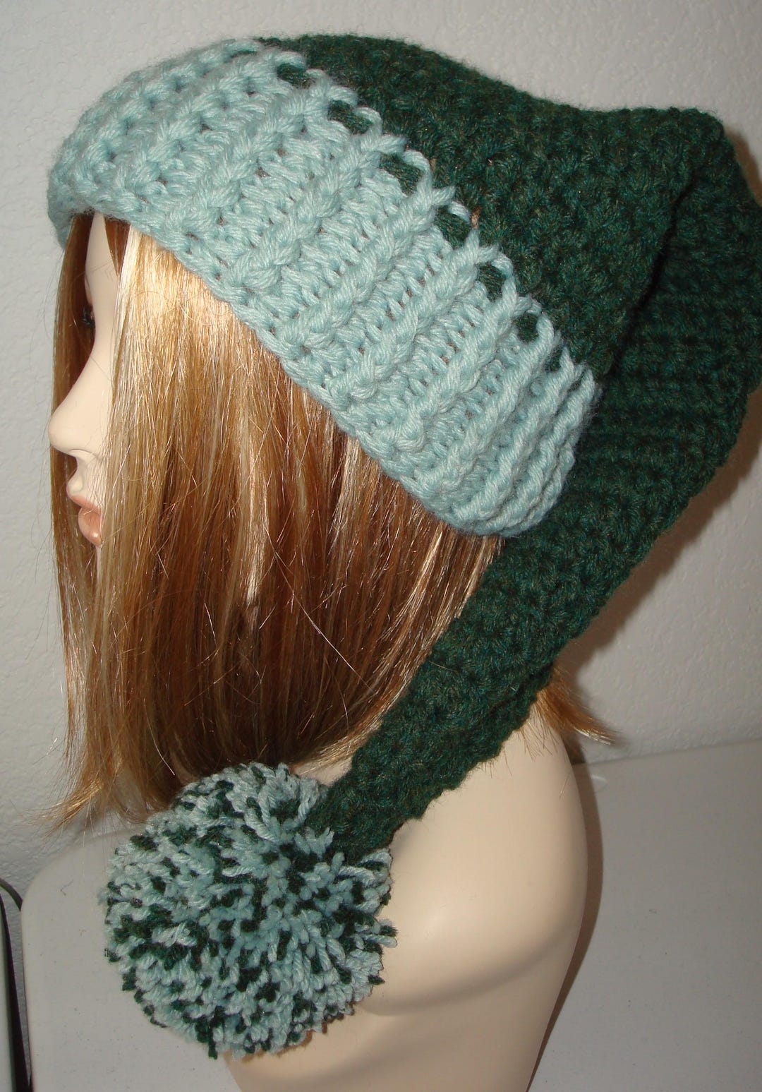 Santa Hat-stocking Cap-elf Hat Slouchy Crocheted/winter Warm/evergreen ...