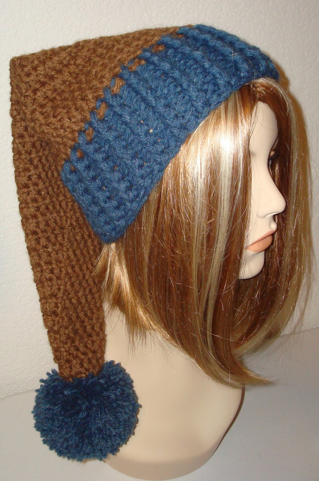 Santa Hat-stocking Cap-elf Hat Slouchy Crocheted/winter Warm/brown With ...