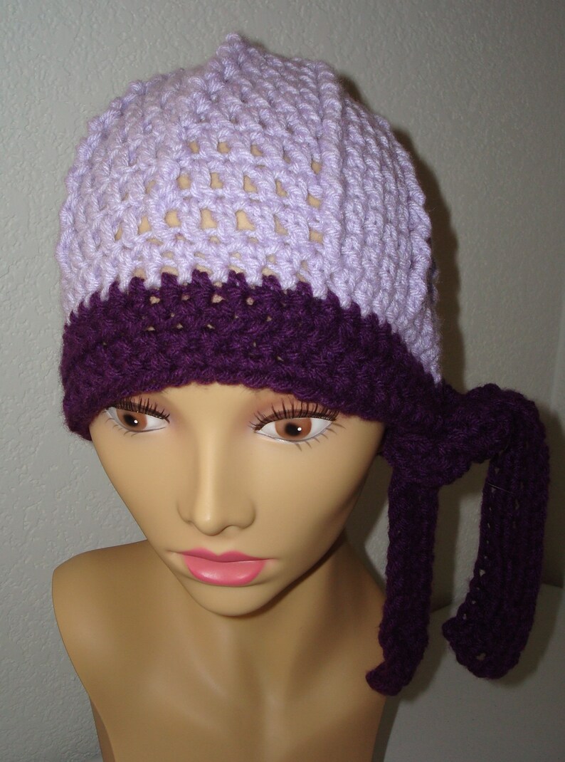Chemo Hand Crocheted Hat With Ties/cloche Hat/chemo Hat/lilac and Deep ...