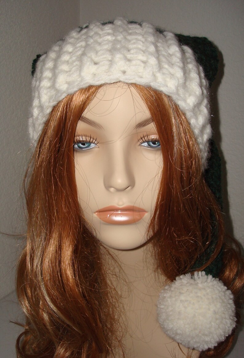 Santa Hat-stocking Cap-elf Hat Slouchy Crocheted/winter Warm/evergreen ...