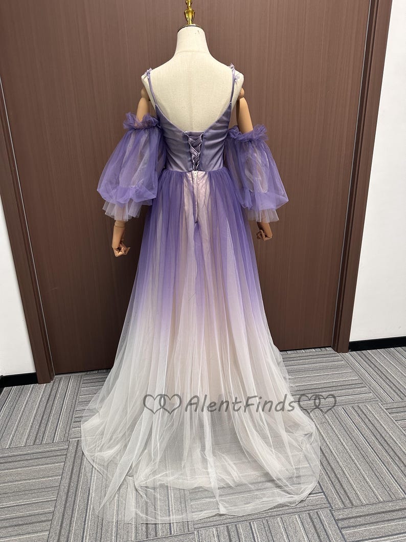 Gradient Lavender Tulle Prom Dress With Puffy Sleeves Unique Criss ...