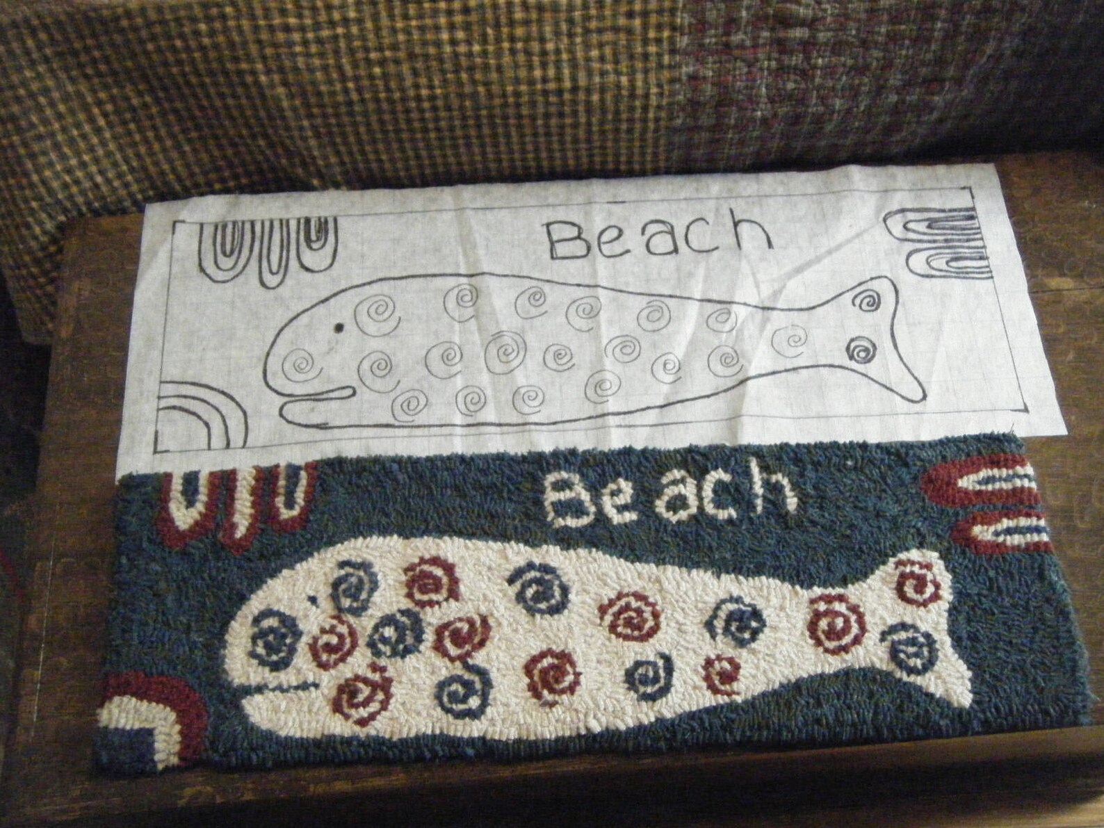 Primitive BEACH Whale Rug Hooking Pattern on Gridded Trace Fabric-ready ...