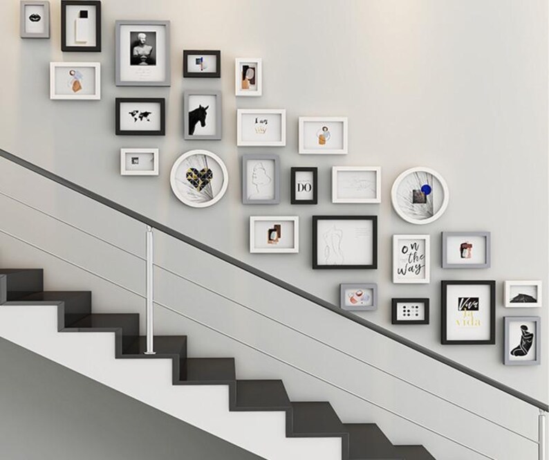 25 Pieces Solid Wood Wall Mount Photo Frame Set, Staircase Picture ...