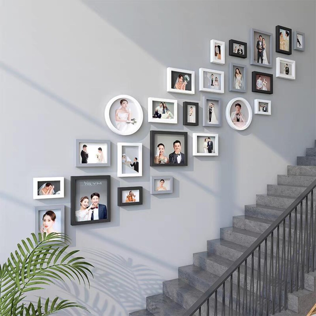 25 Pieces Solid Wood Wall Mount Photo Frame Set, Staircase Picture ...
