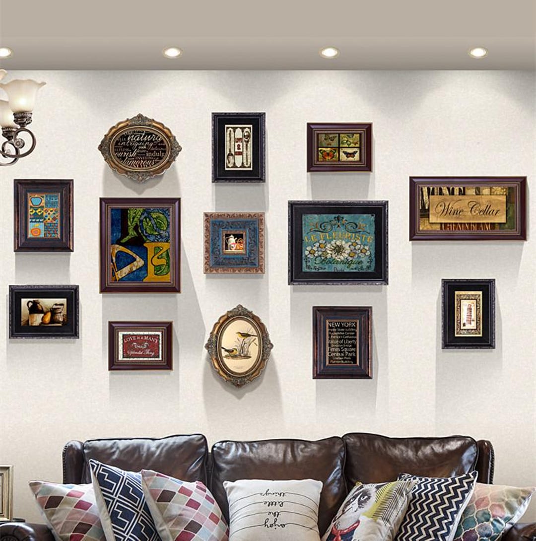 13 Pieces Vintage Style Solid Wood Wall Mount Photo Frame Set, Home ...