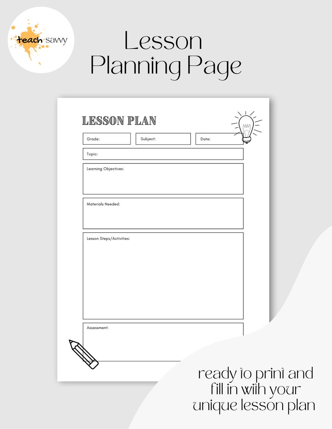 Teacher Planning Page | Lesson Plan Page | Lesson Plan Template - Etsy