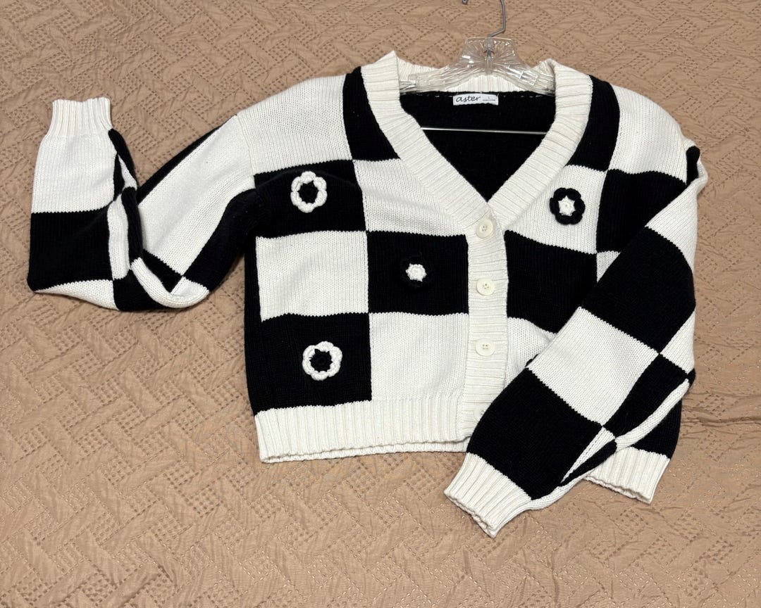 Aster Wednesday Addams Black White Checkerboard Crochet Flower Women ...