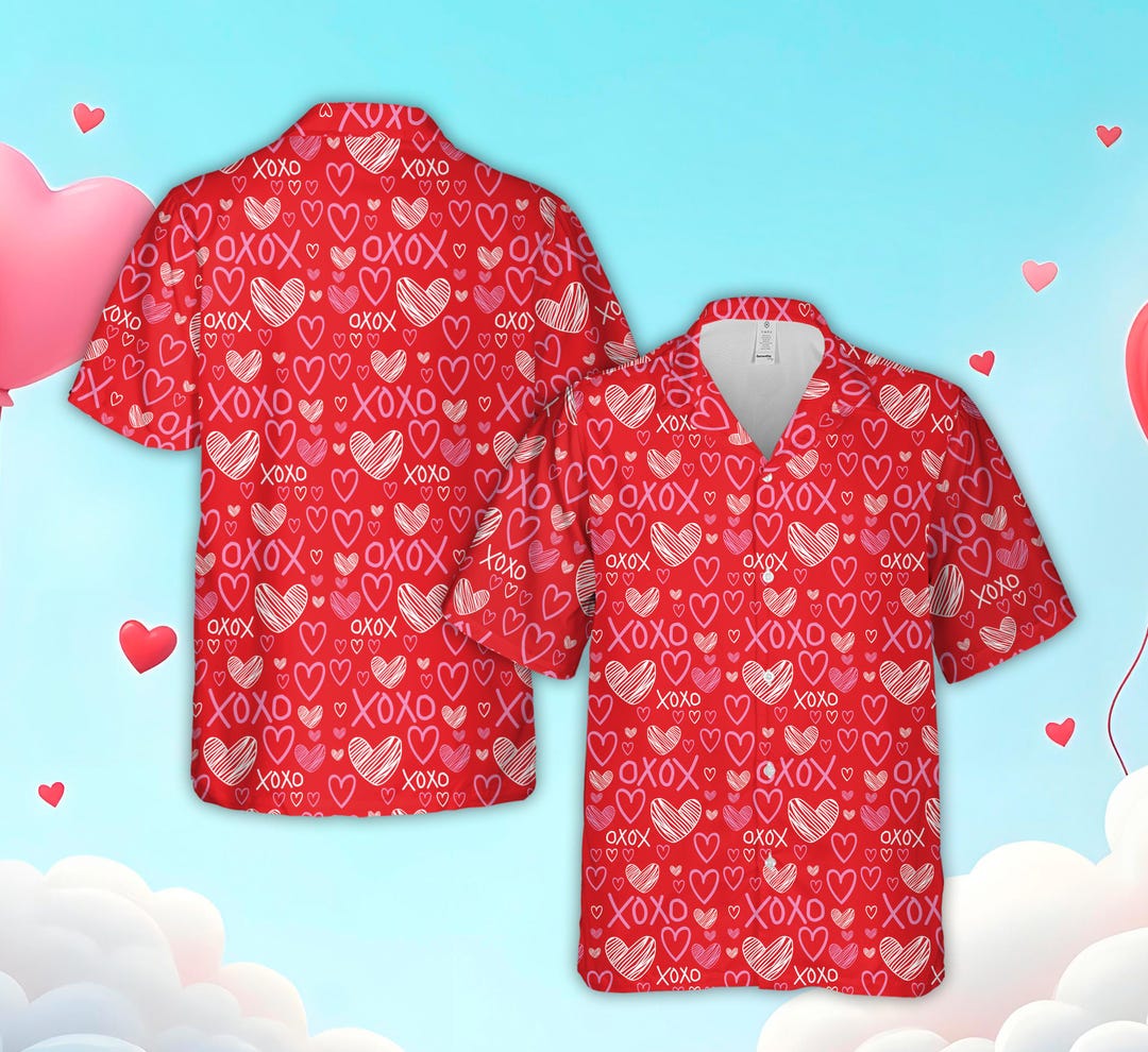 Valentine's Day Hawaiian Shirt, XOXO Valentine Button Down Shirt, Heart Shaped Valentine's Day ...