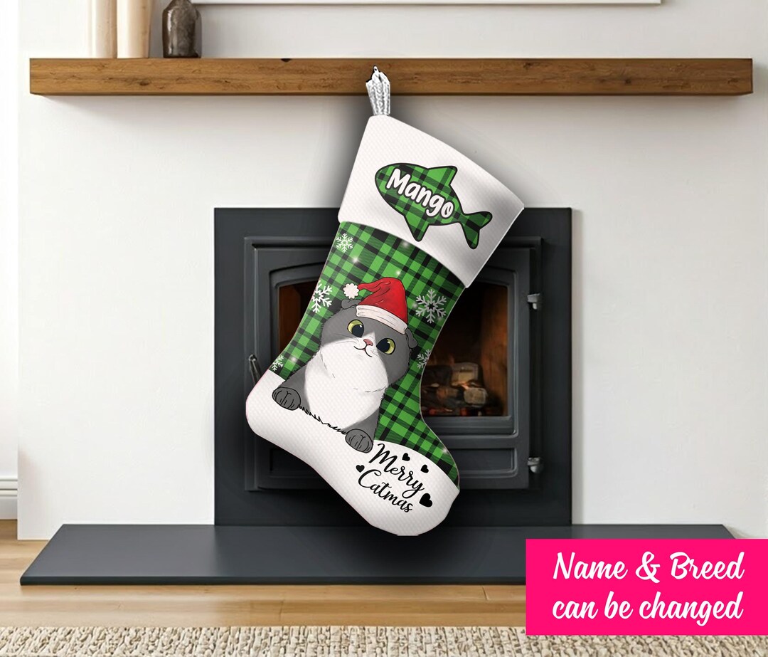 Personalized Name Cat Breed Stockings, Custom Color Buffalo Plaid Cat ...