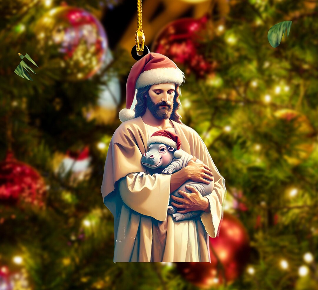 Jesus Moo Deng Christmas Ornament, Baby Hippo Meme Ornament, Christmas ...