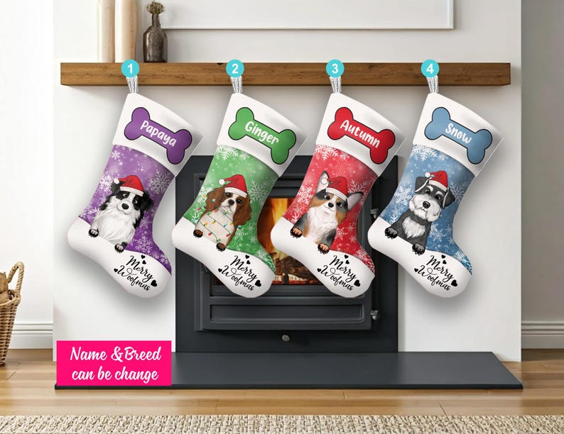 Personalized Name Dog Breed Stockings. Custom Color Santa Hat Dog ...