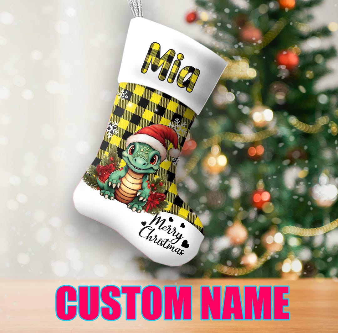 Personalized Name Dinosaur Christmas Stockings, Custom Buffalo Plaid ...