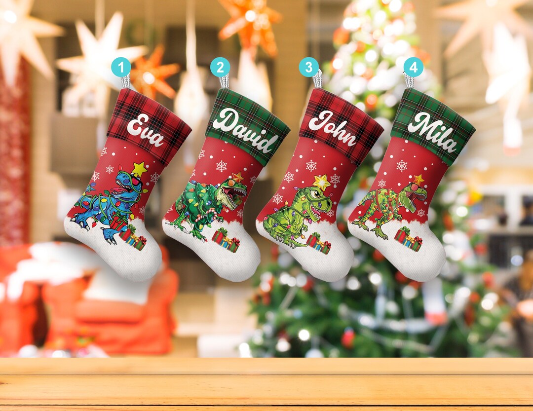 Personalized Name Dinosaur Christmas Stockings, Custom Plaid T Rex Dino ...
