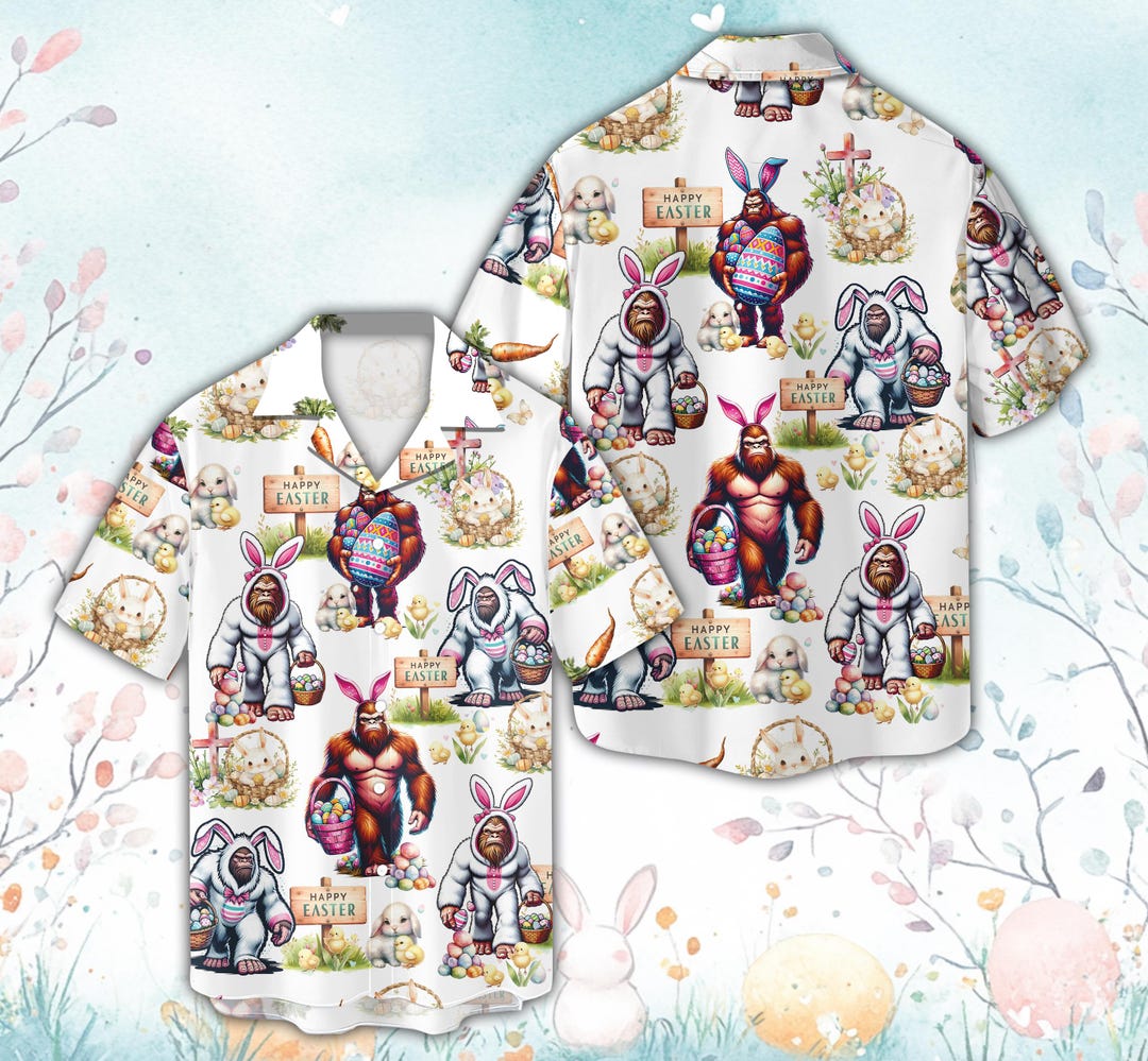 Happy Easter Bigfoot Hawaiian Shirt, Easter Bunny Sasquatch Button up ...