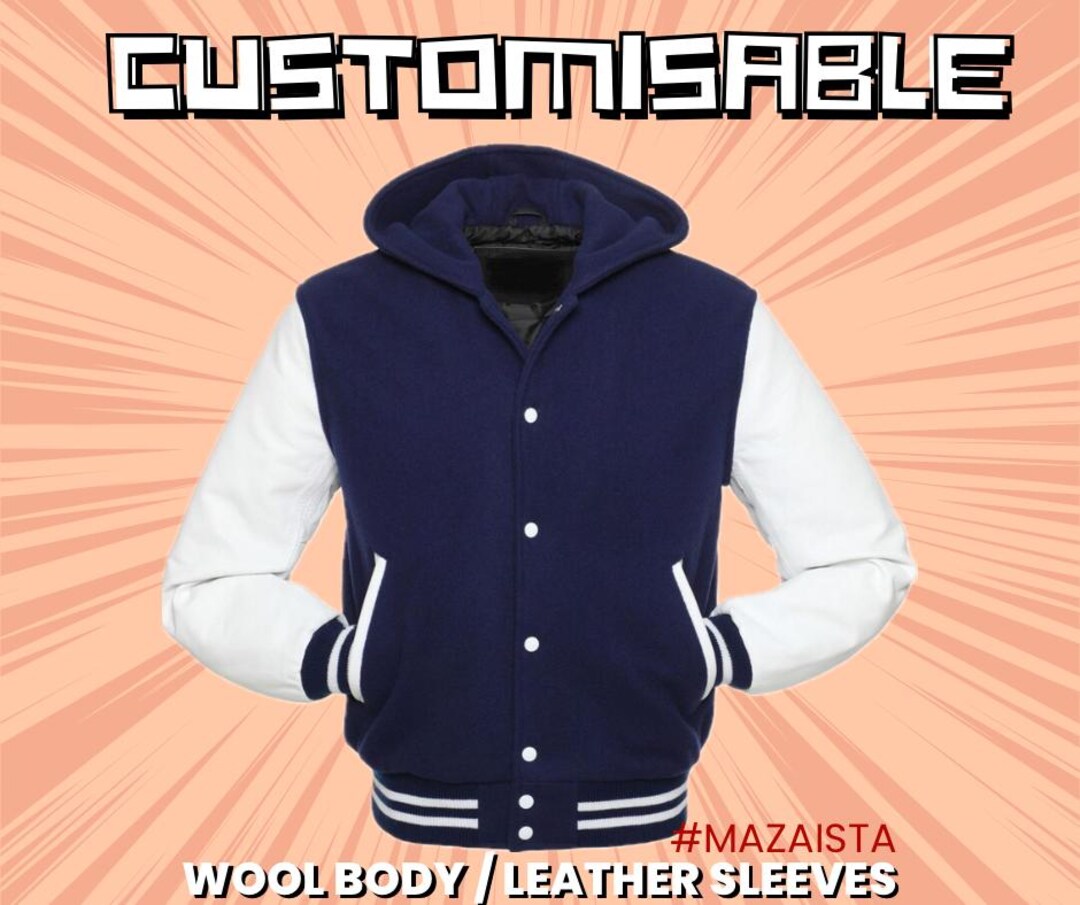 Blue Wool Body & White Leather Sleeves Hooded Varsity Jacket ...