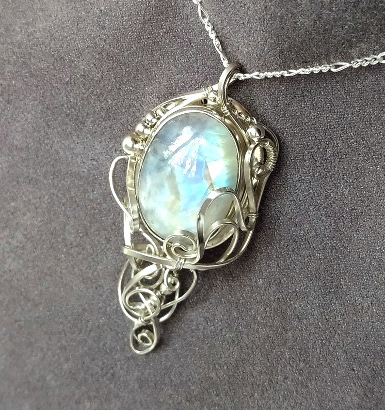 Rainbow Moonstone Pendant, 925 Sterling Silver Solid Wire, Chain ...