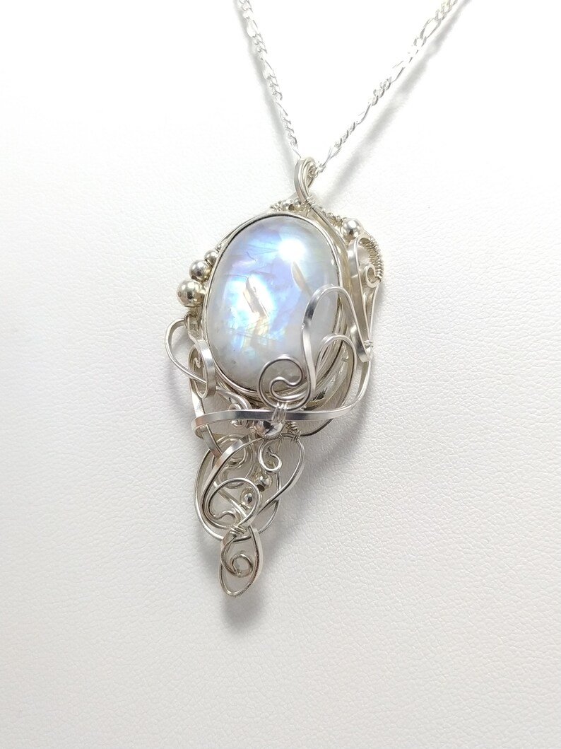 Rainbow Moonstone Pendant, 925 Sterling Silver Solid Wire, Chain ...