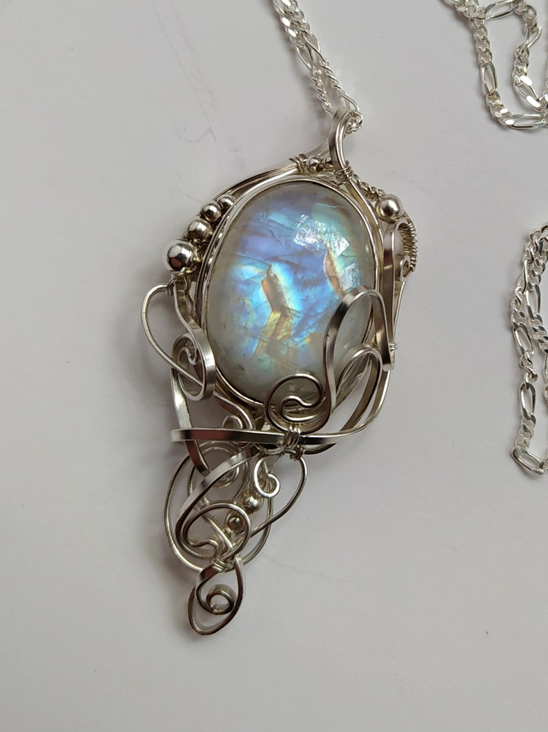 Rainbow Moonstone Pendant, 925 Sterling Silver Solid Wire, Chain ...