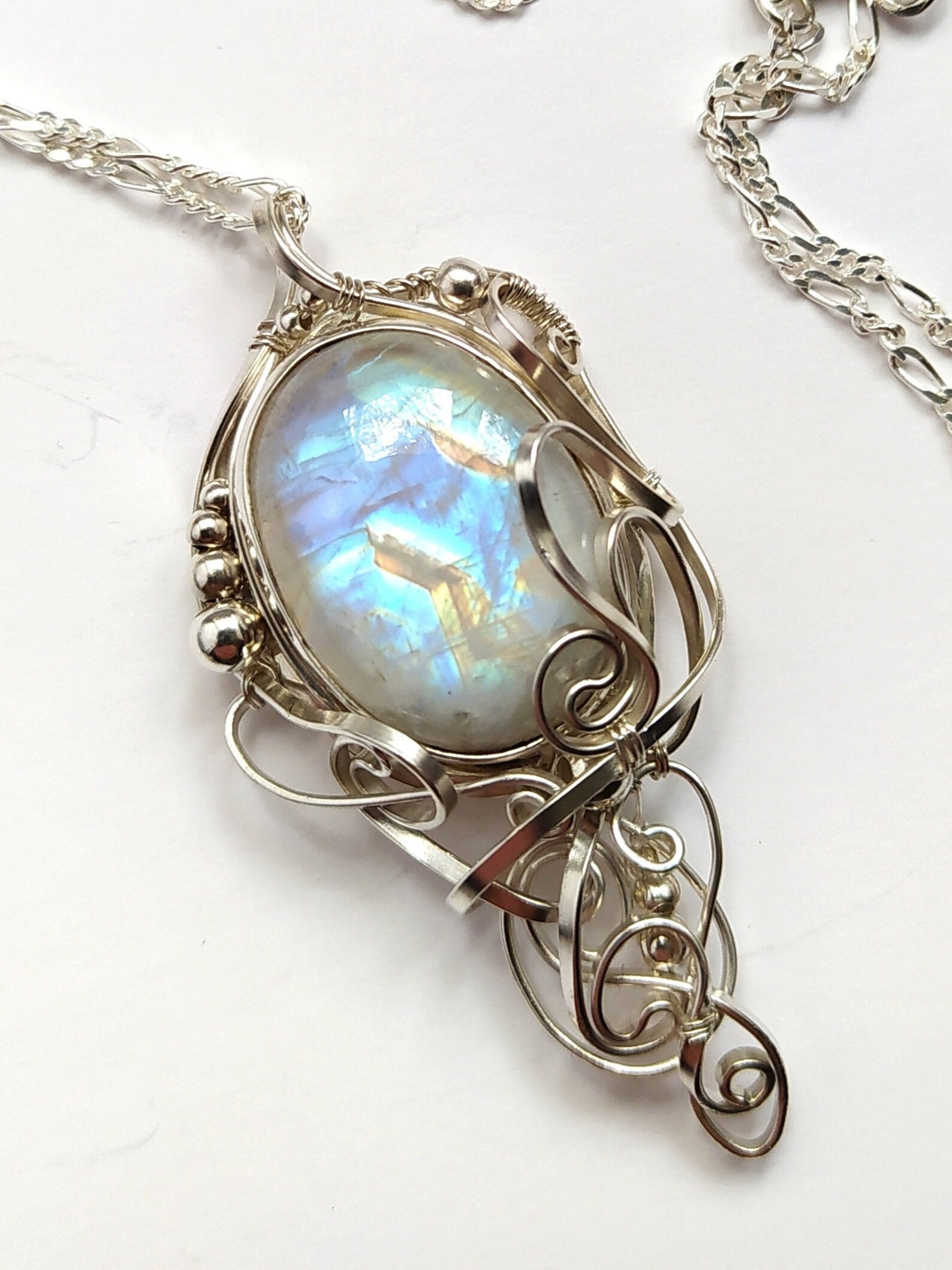 Rainbow Moonstone Pendant, 925 Sterling Silver Solid Wire, Chain ...