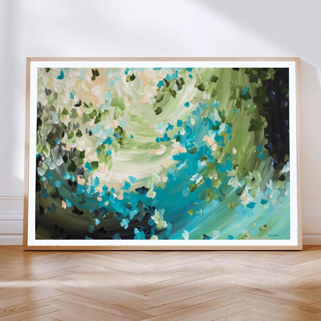 Spearmint Green Abstract Vortex Art Print. Turquoise Floral Digital ...