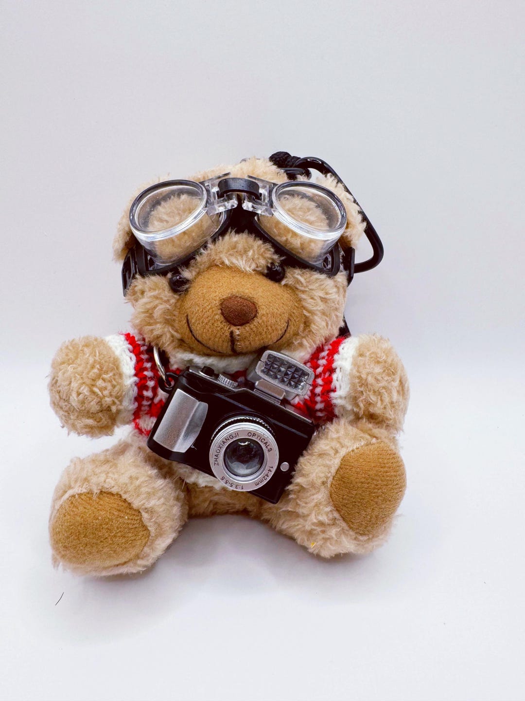 Photographer Teddy Bear Keychain: Plush Camera Charm, Knit Sweater ...