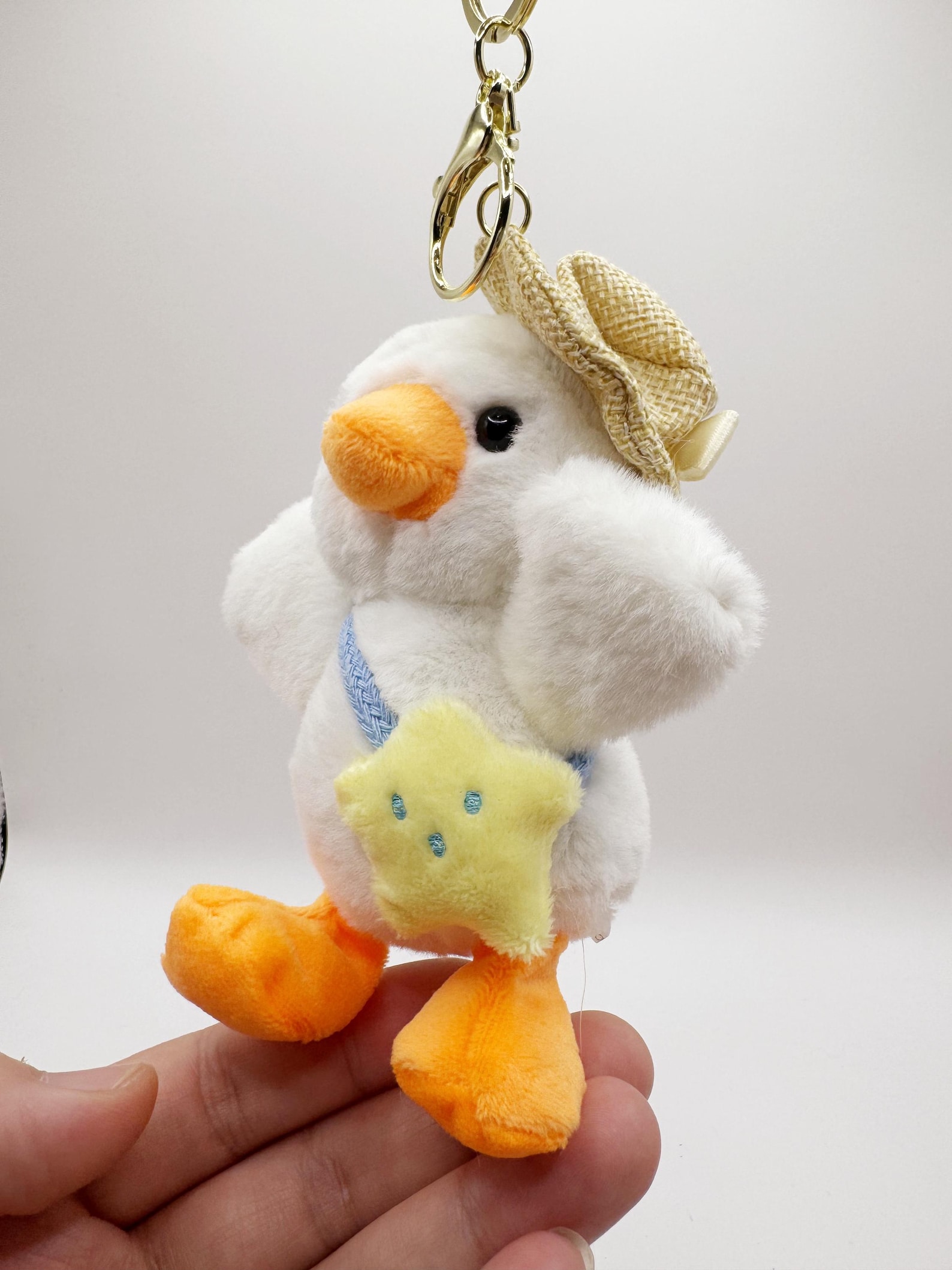 Plush Duck Keychain – Cute White Duck With Hat and Star Bag – Soft ...