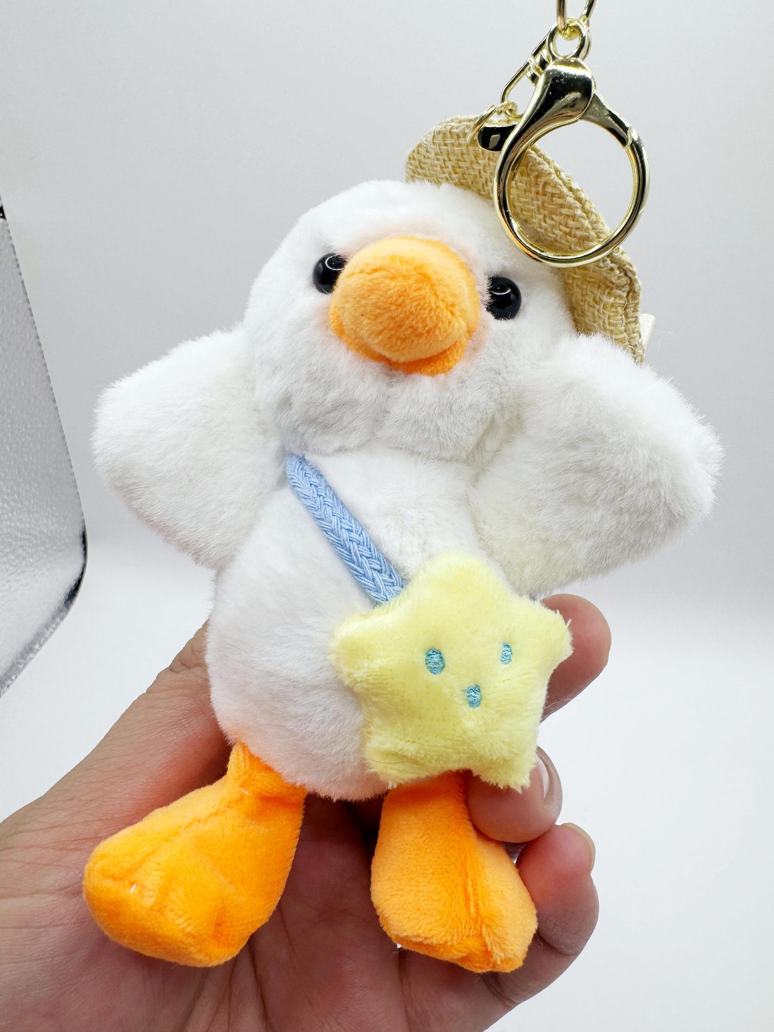 Plush Duck Keychain – Cute White Duck With Hat and Star Bag – Soft ...