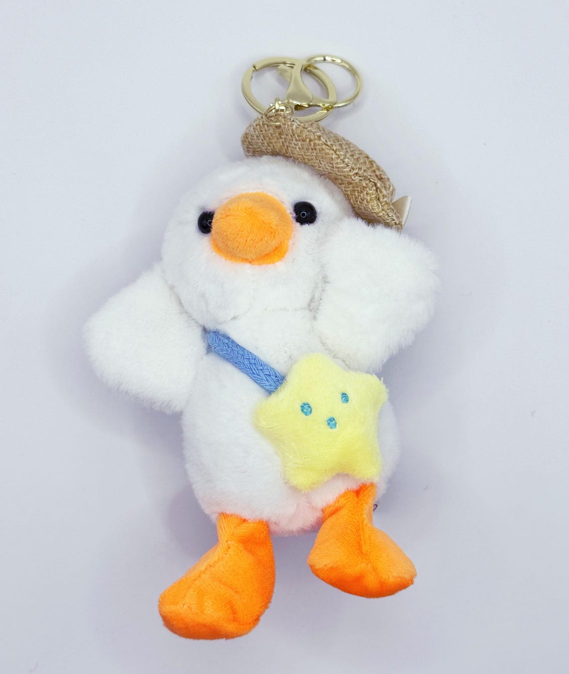 Plush Duck Keychain – Cute White Duck With Hat and Star Bag – Soft ...
