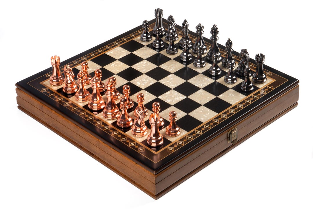 Wooden Chess Set With Metal Pieces – Handmade Mosaic Inlay Board ...