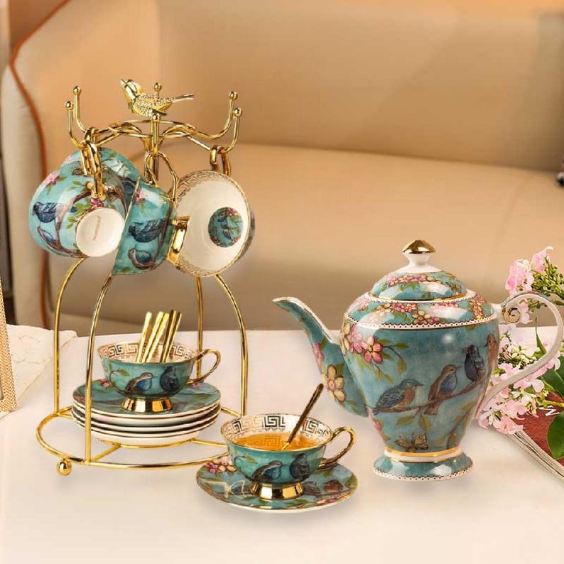 Blue Ceramic Tea Set, European Flower Bird Ceramic Coffee Set, Flower ...