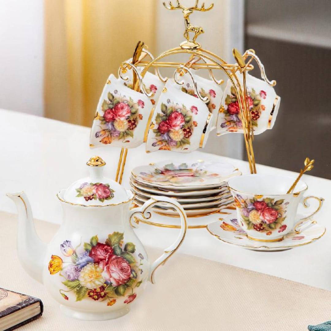 Ceramic Coffee Cup Saucer Set, Floral Ceramic Tea Set, Afternoon Tea ...