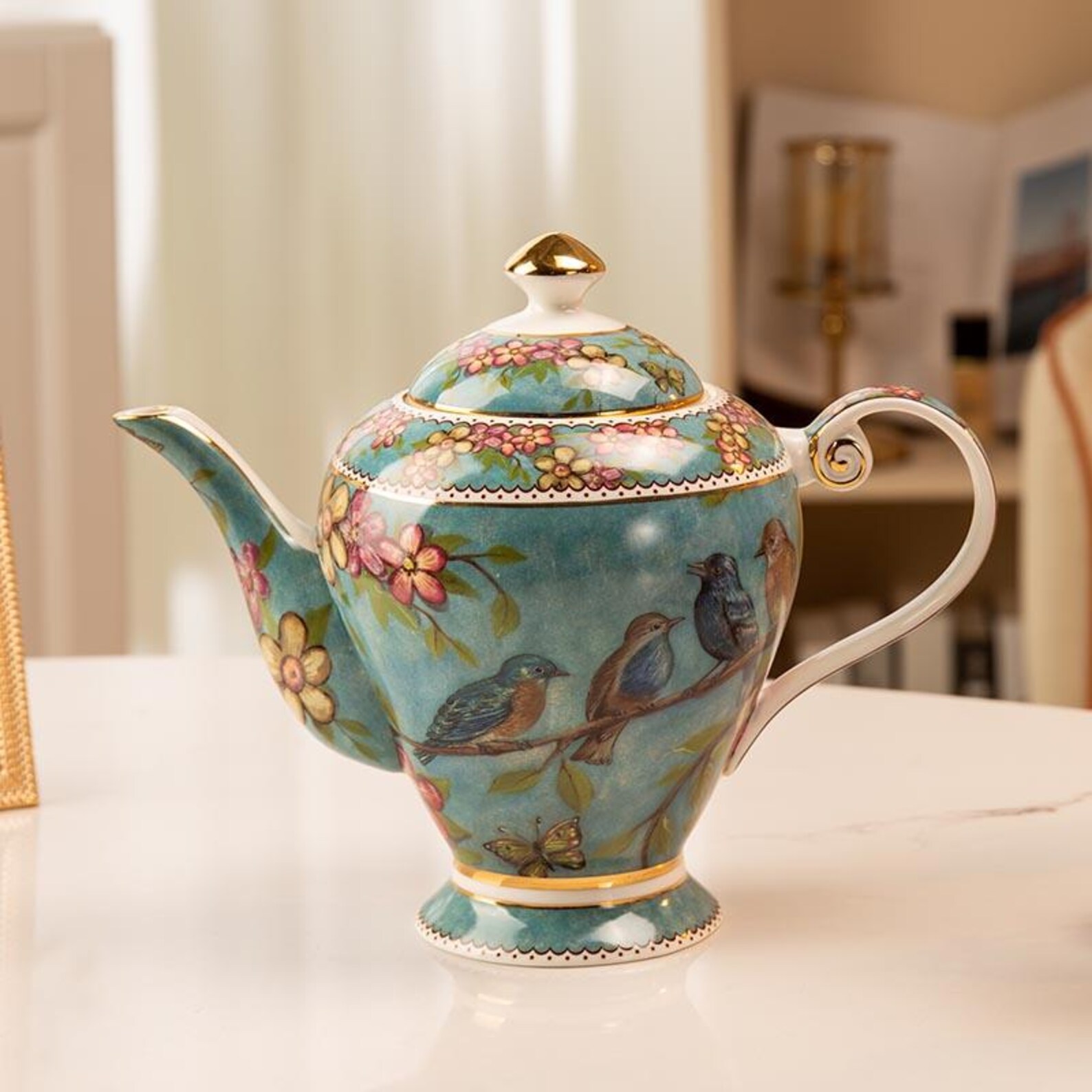 Blue Ceramic Tea Set, European Flower Bird Ceramic Coffee Set, Flower ...