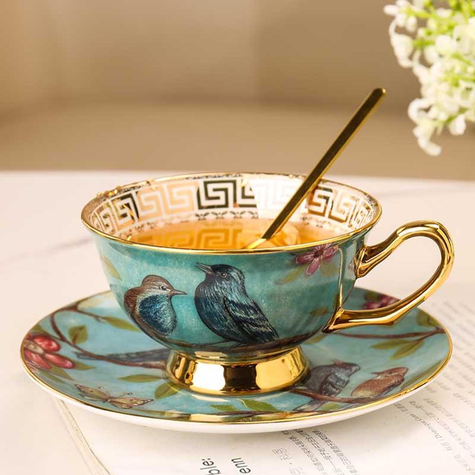 Blue Ceramic Tea Set, European Flower Bird Ceramic Coffee Set, Flower ...