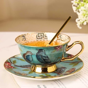 Blue Ceramic Tea Set, European Flower Bird Ceramic Coffee Set, Flower ...