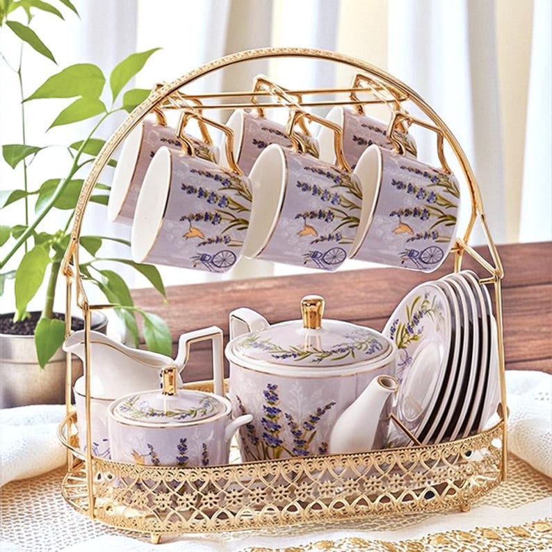 Romantic Lavender Ceramic Tea Set 15 Pieces, Ceramic Coffee Cup and ...