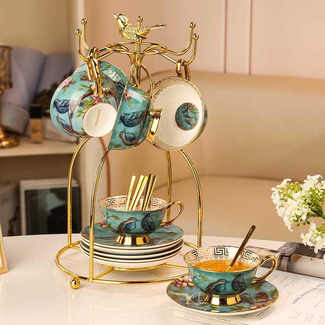 Blue Ceramic Tea Set, European Flower Bird Ceramic Coffee Set, Flower ...