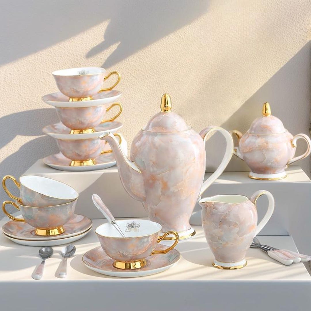 Marble Pattern Ceramic Tea Set, Coffee Pot With Cups and Saucers ...